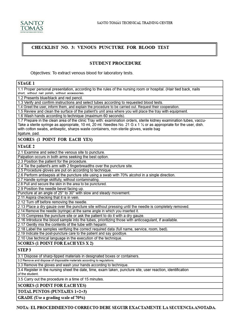 Venous Puncture Checklist For Blood Test Collection | PDF | Clinical ...