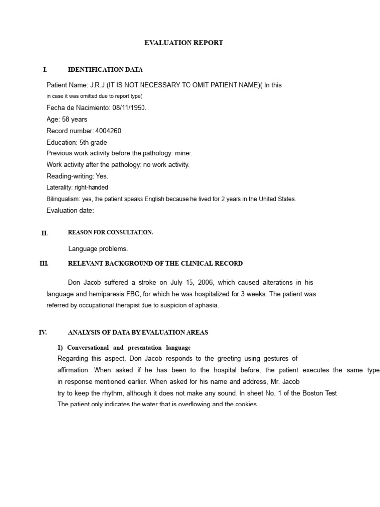 TYPICAL Report of Speech-Language Evaluation of Aphasia | PDF | Speech ...