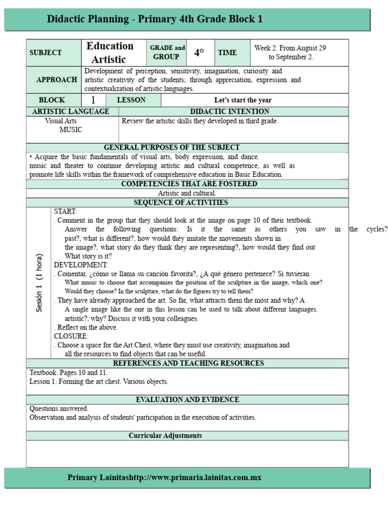 4th Grade Plan - Block 1 Artistic Education (2016-2017) | PDF ...