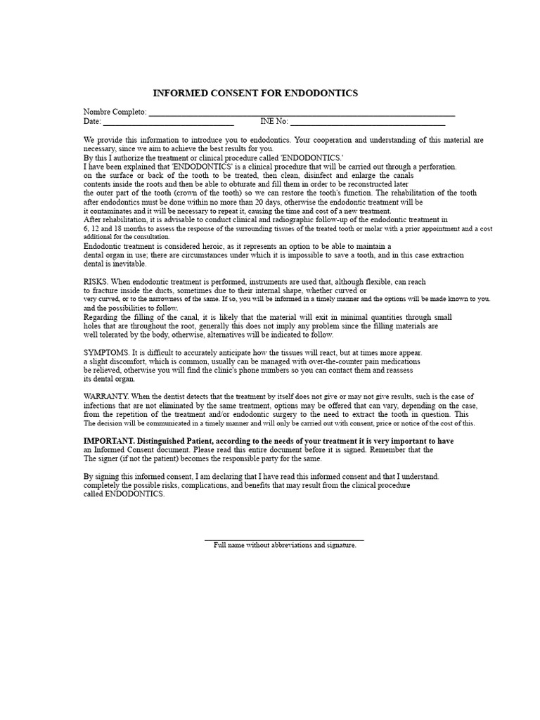 Informed Consent For Endodontics | PDF | Clinical Medicine | Medical Specialties