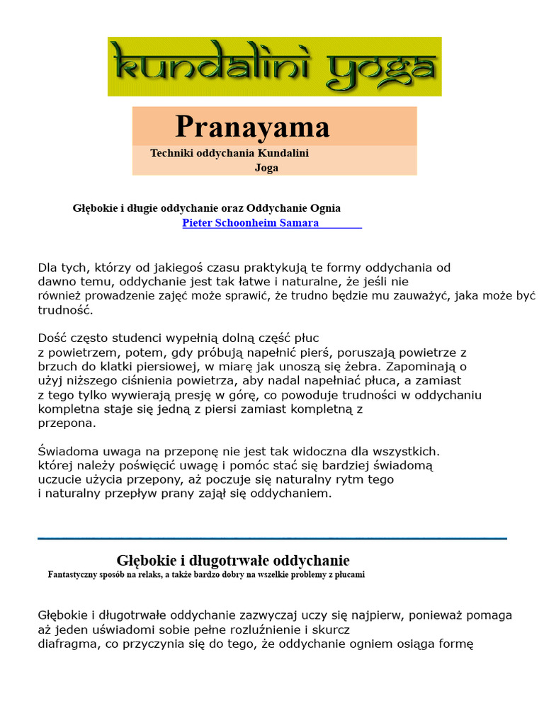 Pranayama - Techniki Oddychania W Jodze Kundalini. | PDF