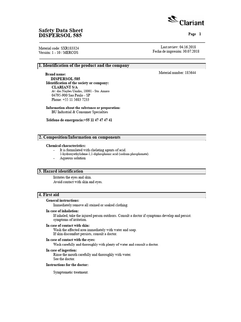 DISPERSOL 585 Safety Data Sheet | PDF | Firefighting | Toxicity