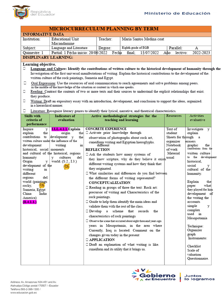 Eighth Grade Language Curriculum Plan | PDF | Writing | Methodology