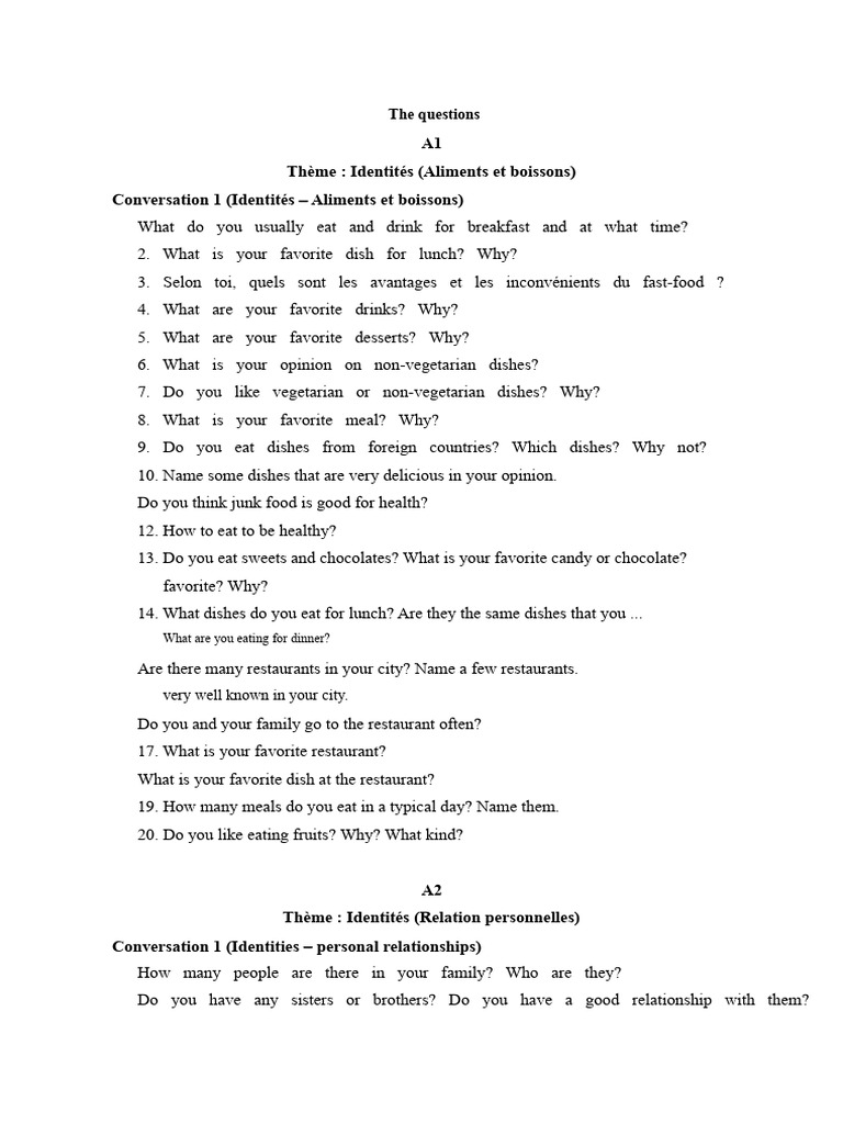 French Ab Initio IBDP Question Bank | PDF | Meal