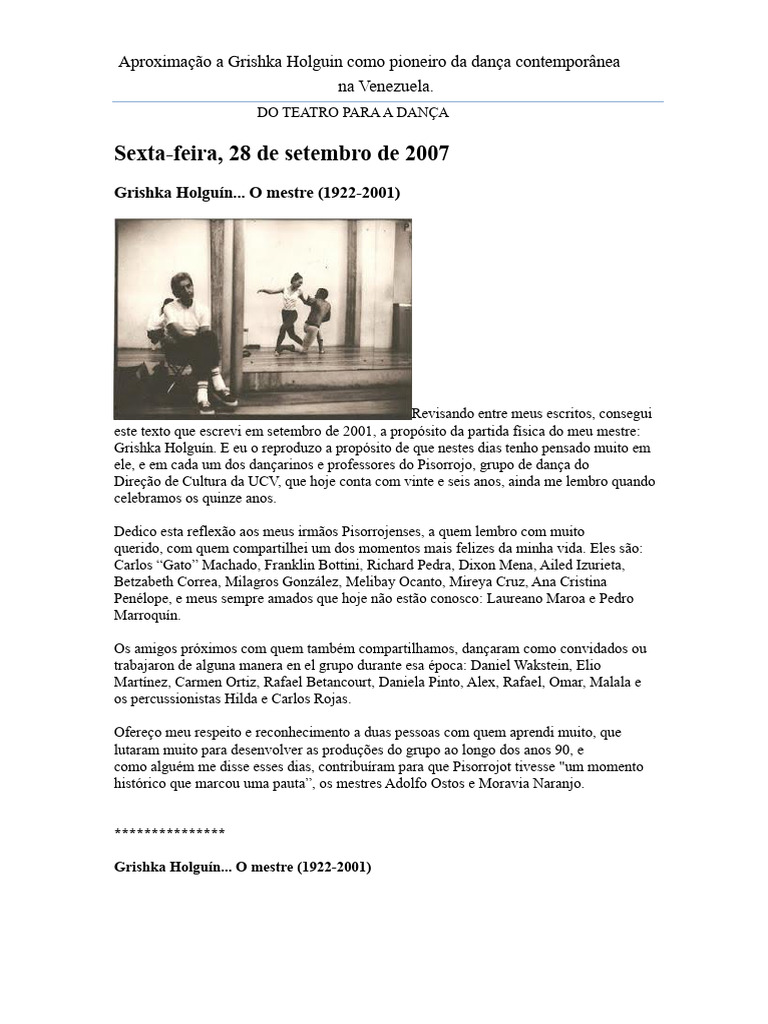 Grishka Holguin, Do Teatro para A Dança, Na Venezuela. | PDF | Danças ...