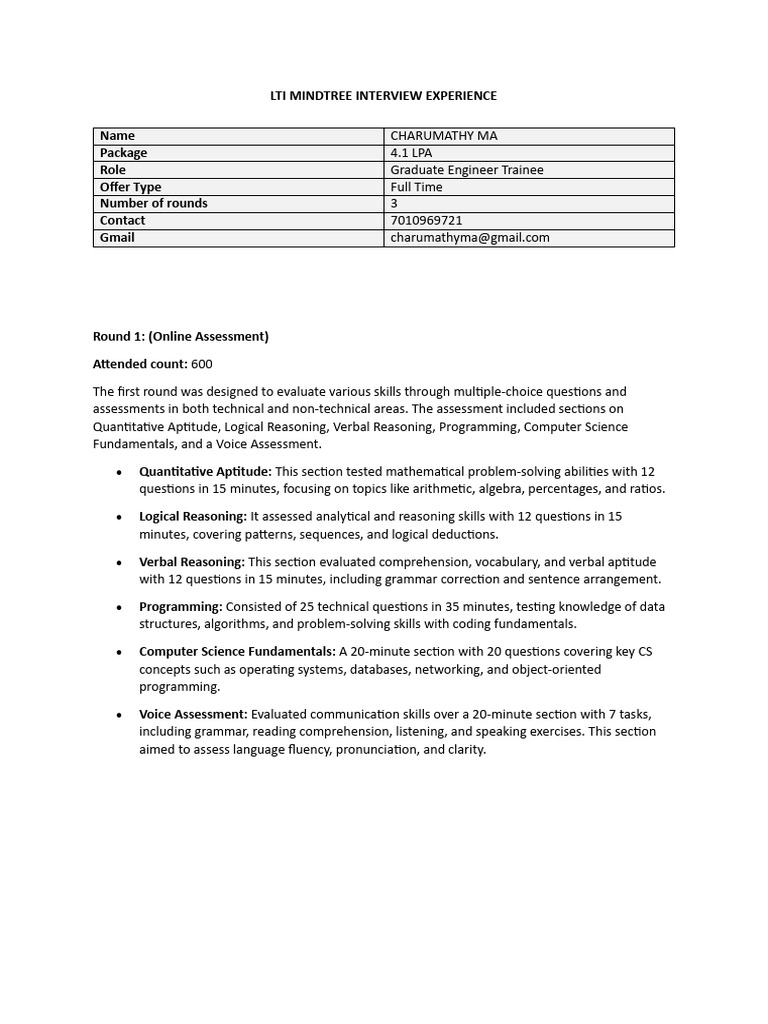 Charumathy Ma_LTI Mindtree_Interview Experience | PDF | Computer ...