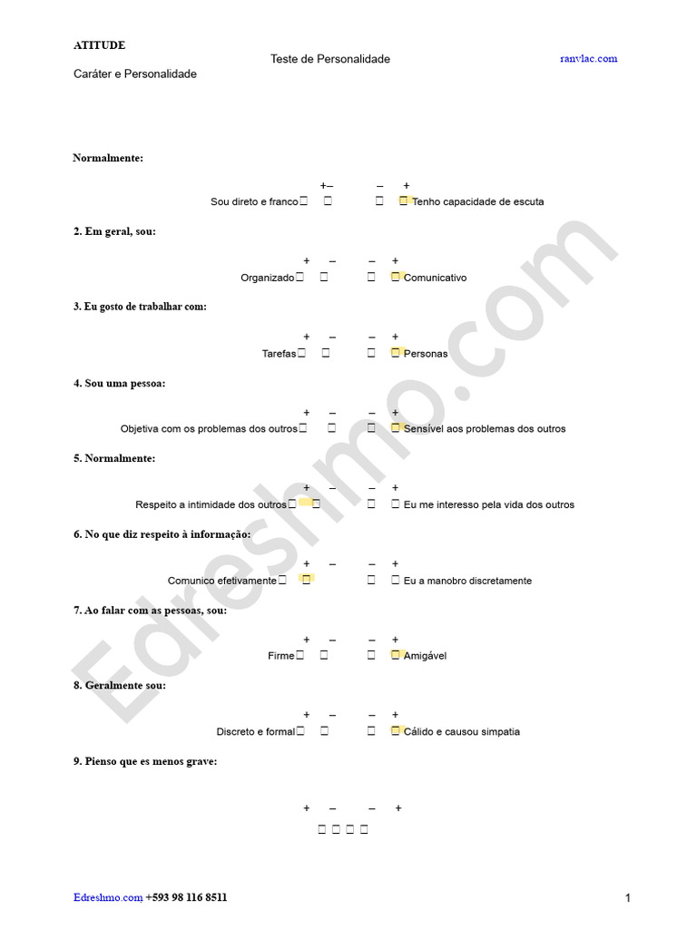 Teste de Personalidade e Caráter | PDF | Bem-estar | Psicologia Social
