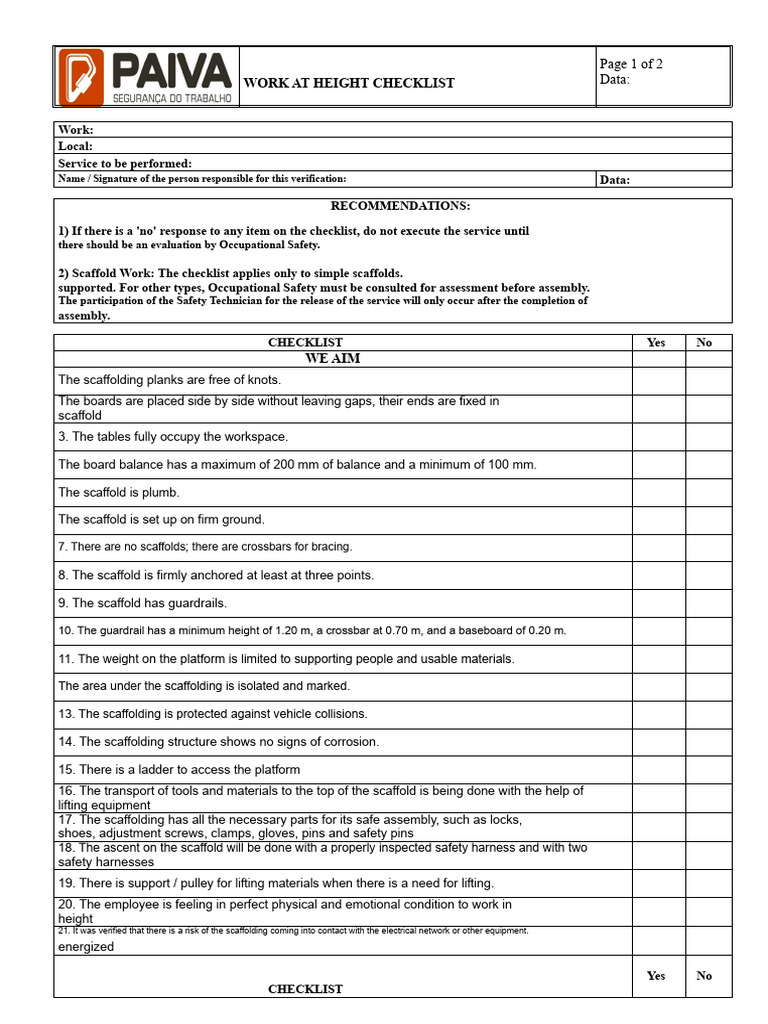 Work at Height Safety Checklist | PDF | Scaffolding | Ladder