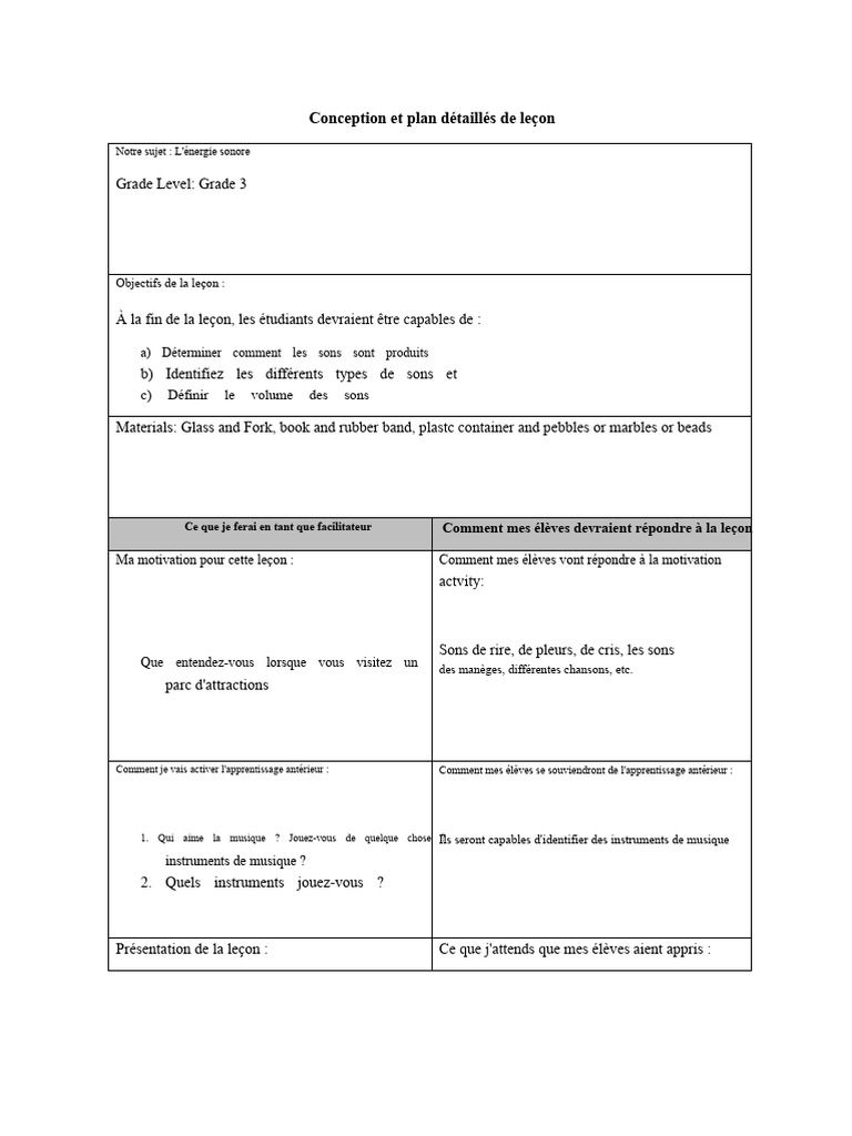 Plan de Leçon - Énergie Sonore | PDF