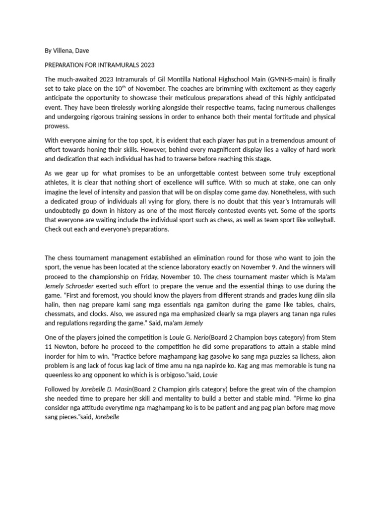 GMNHS Intramurals 2023: Event Prep Insights | PDF | Sports | Recreation