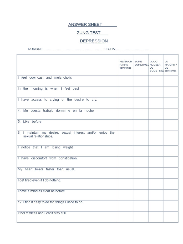 Zung Depression Rating Scale Answer Sheet | PDF