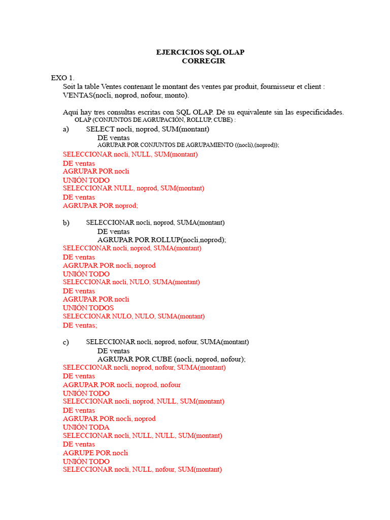 Corrige Ejercicios SQL Olap | PDF | SQL | Gestión de datos