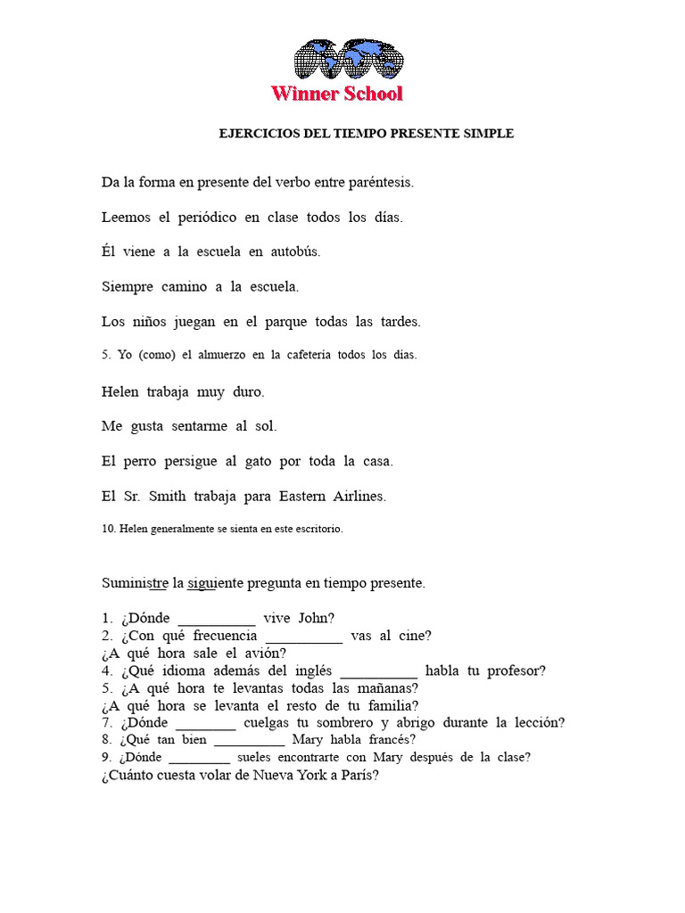 Ejercicios de Presente Simple | PDF