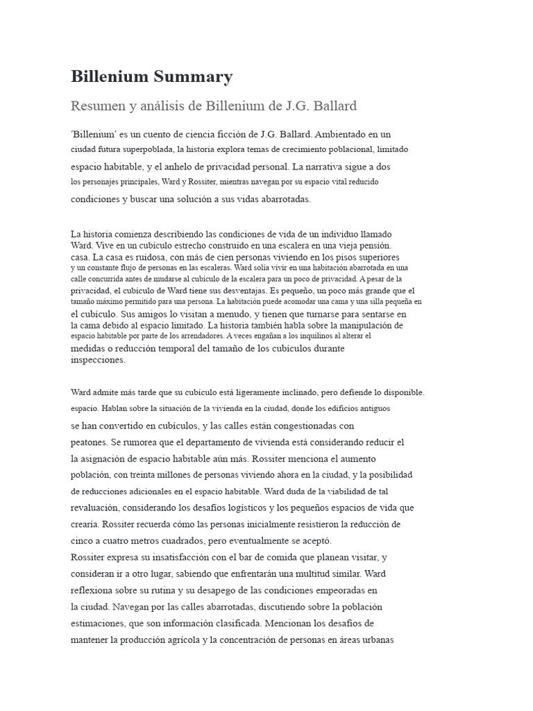 Resumen y Análisis de Billenium | PDF | Naturaleza | Sobrepoblación humana