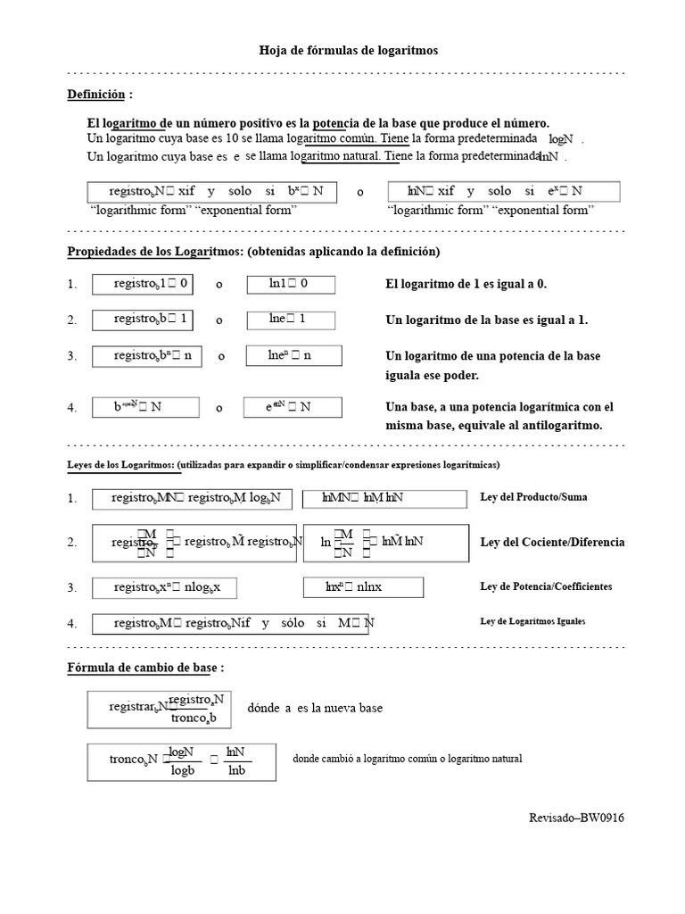 Hoja de Fórmulas de Logaritmos | PDF | Logaritmo | Exponenciación