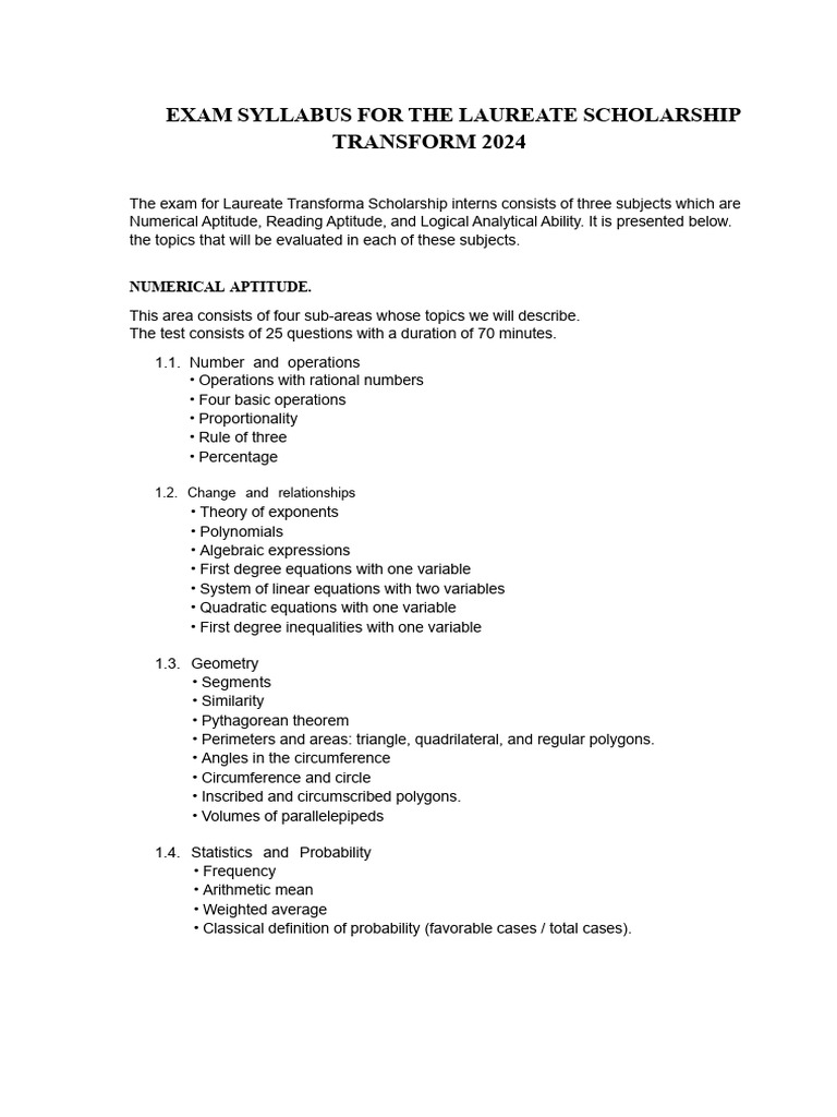 Exam Topic For Laureate Transforma Scholarship 2024 | PDF