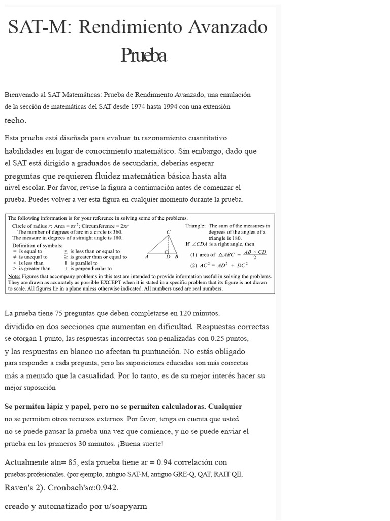 Prueba SAT Matemáticas Avanzada 75 Preguntas | PDF | Se sentó