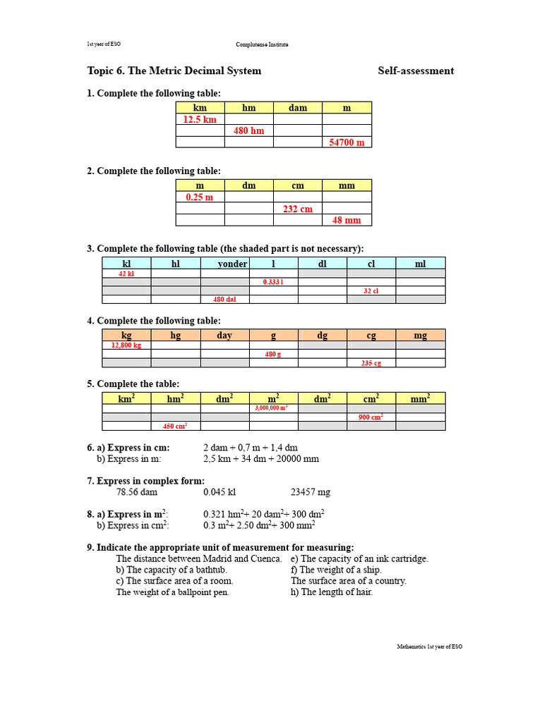 self-assessment decimal metric system | PDF | Units Of Measurement ...