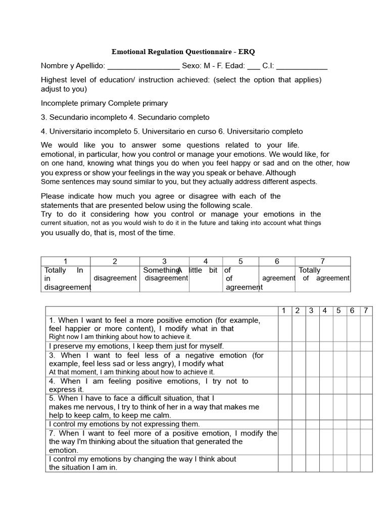 Emotional Regulation Questionnaire | PDF | Emotional Self Regulation ...