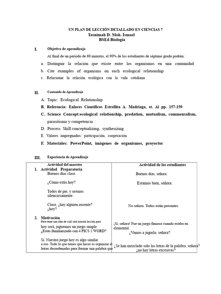 Plan de Lección Detallado en Ciencias 7 | PDF | Depredación | Parasitismo