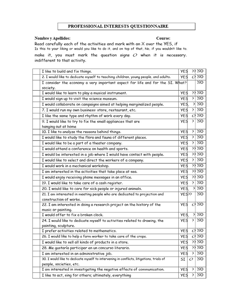 Professional Interests Questionnaire | PDF