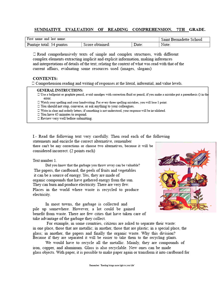 7th Grade Reading Comprehension Evaluation | PDF | Recycling | Waste