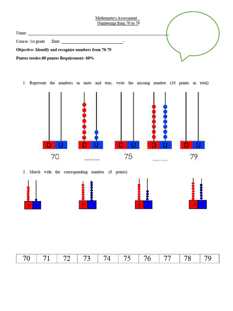 1st Grade Math Assessment: Numbers 70-79 | PDF