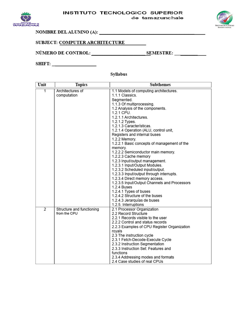 Computer Architecture Syllabus | PDF | Central Processing Unit ...