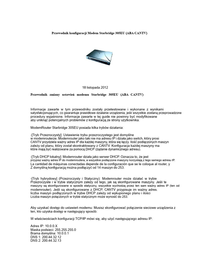 Przewodnik Konfiguracji Modemu Starbridge 305EU | PDF