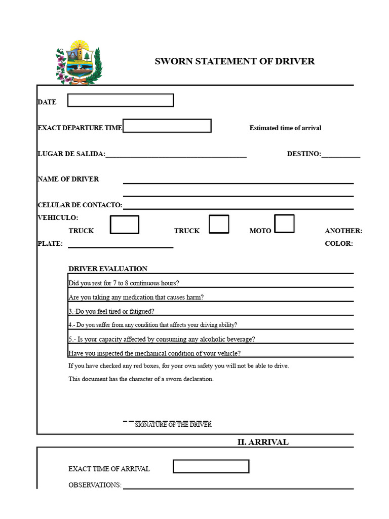 Driver Sworn Statement Template | PDF