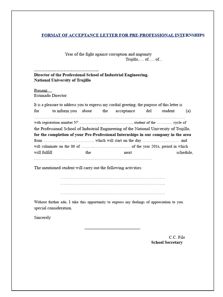 Letter of Acceptance For Pre and Professional Internships | PDF