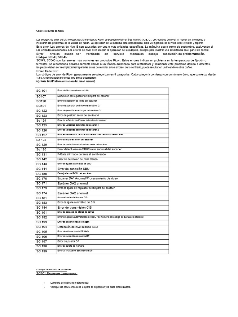 Códigos de Error de Ricoh | PDF | Informática | Ingeniería Informática
