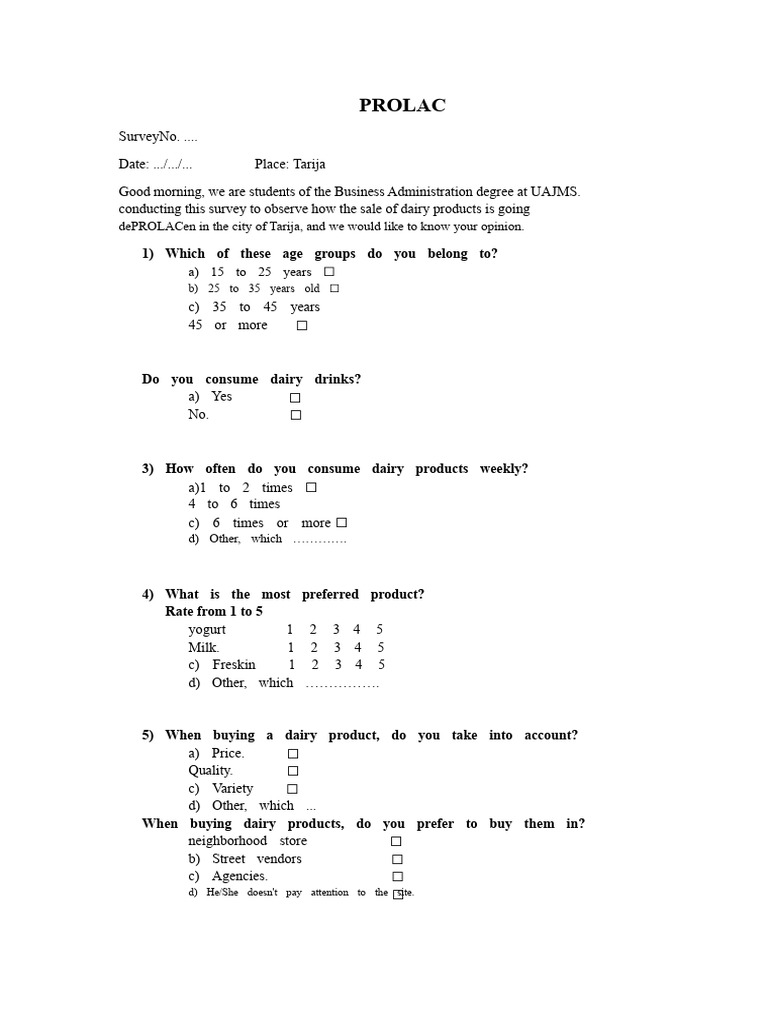 La Prolac Survey | PDF