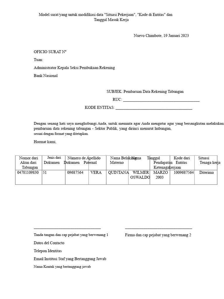Surat Permohonan Pembaruan Data Rekening | PDF