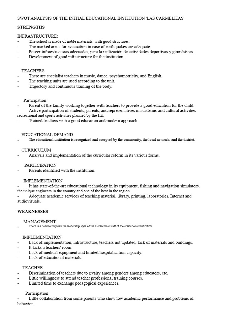 SWOT Analysis of The Initial Educational Institution | PDF | Teachers