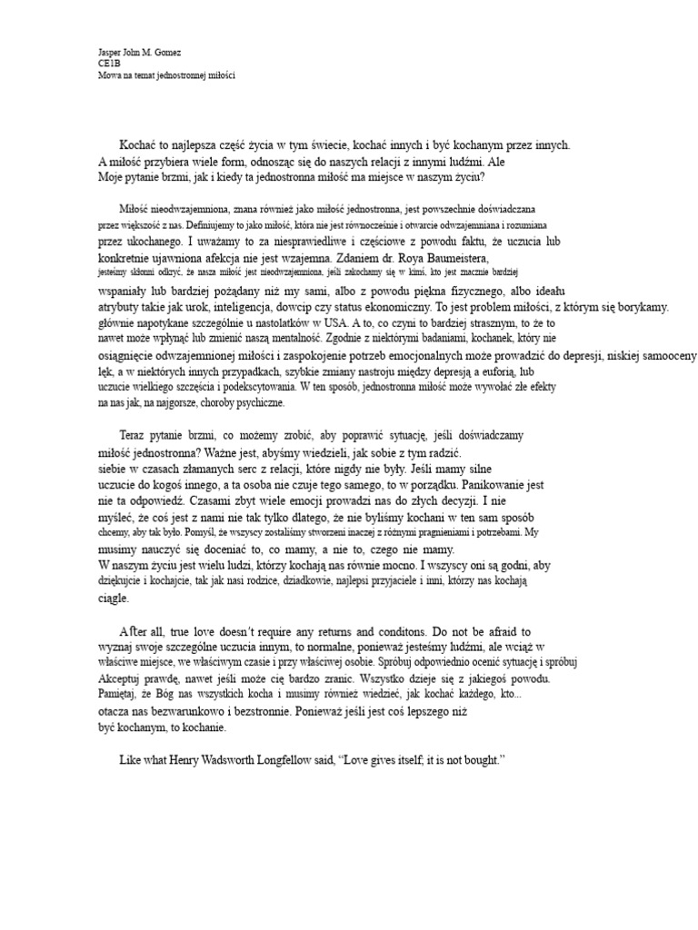 Mowa Na Temat Jednostronnej Miłości | PDF