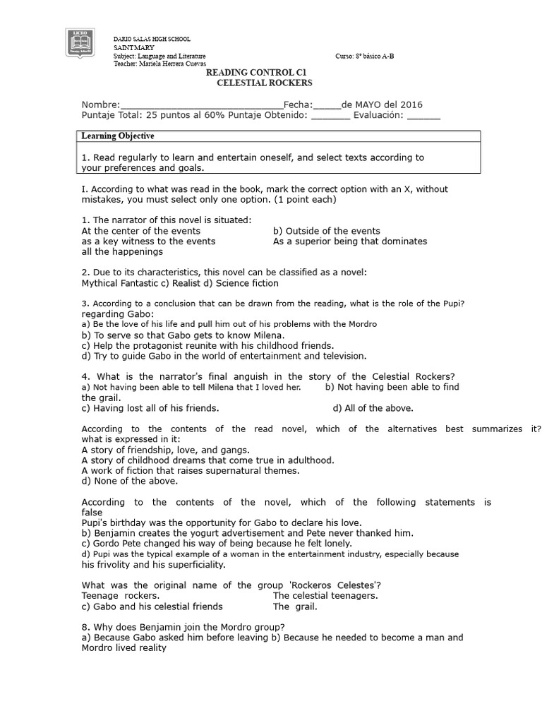 8th Grade Language Literature Reading Control | PDF