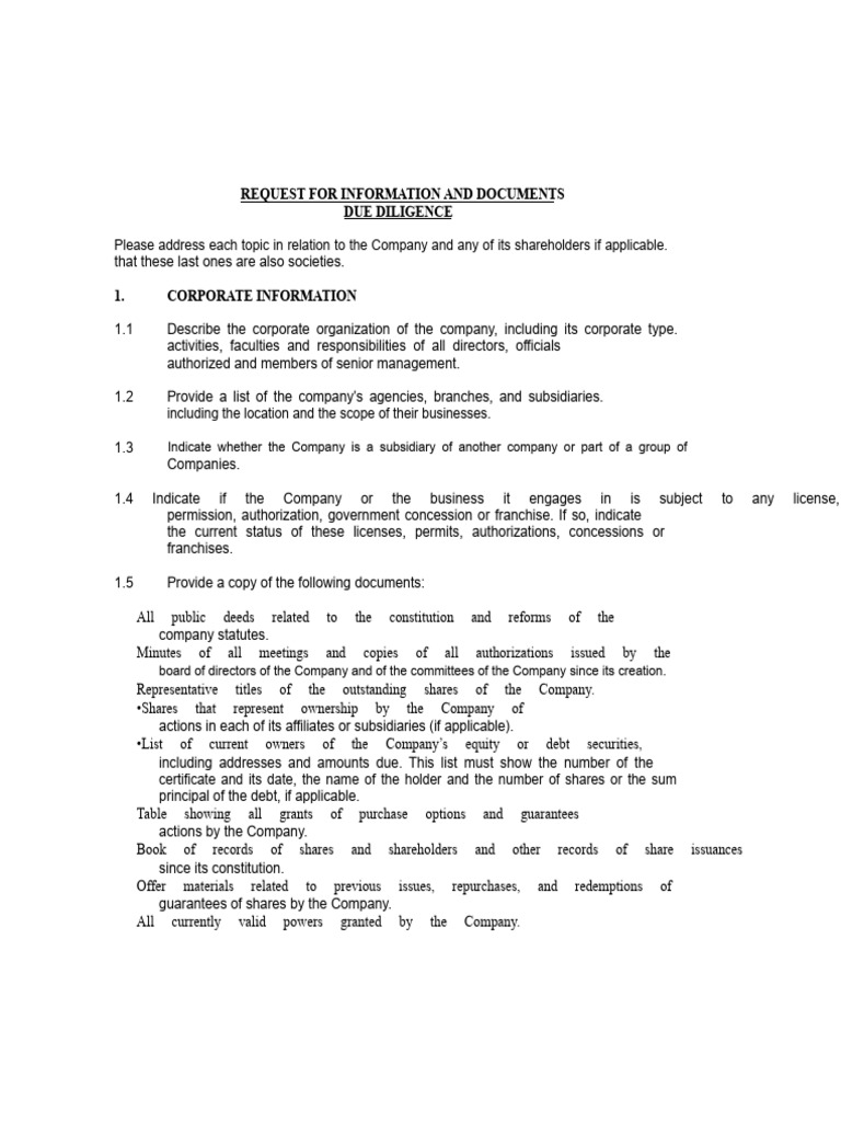 Due Diligence Information Request Guide | PDF | Debt | Credit