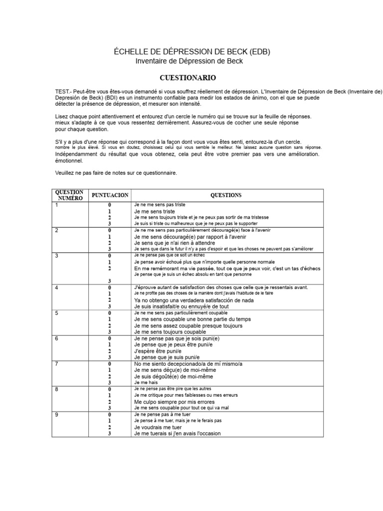 Échelle de Dépression de Beck : Questionnaire | PDF | Dépression ...