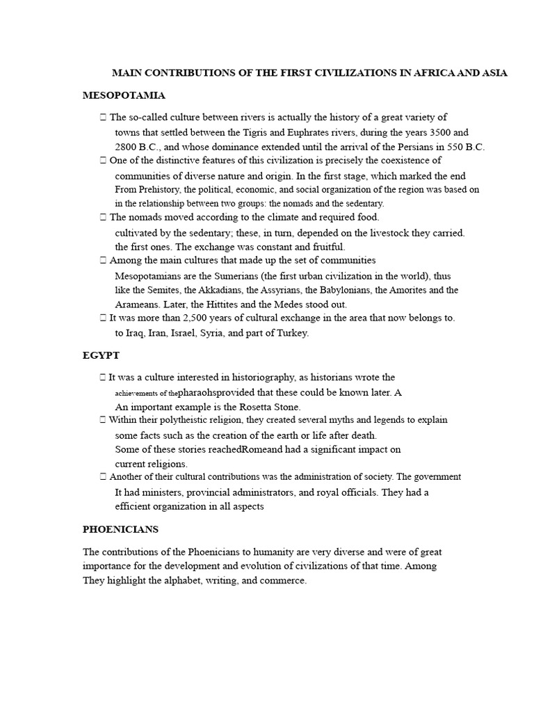 Main Contributions of The First Civilizations in Africa and Asia | PDF ...