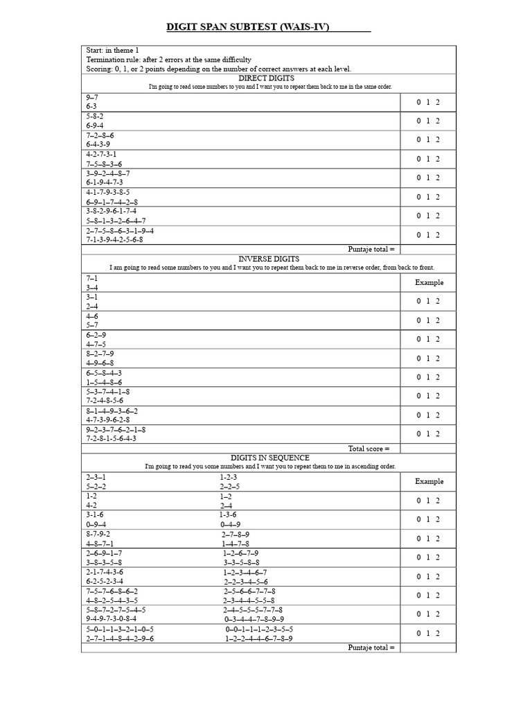 WAIS-IV Digit Span Subtest Guide | PDF | Psychological Concepts ...
