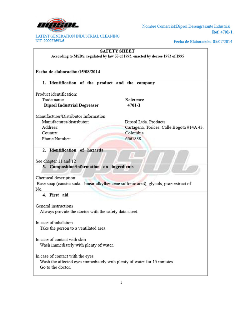 Dipsol Industrial Degreaser Safety Data | PDF | Carbon Dioxide | Materials