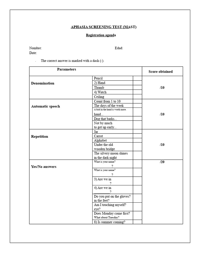 Aphasia Screening Test (MAST) Score Sheet | PDF | Cognitive Science ...