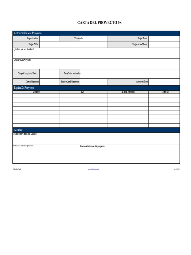 Carta de Proyecto 5S: Organización y Alcance | PDF