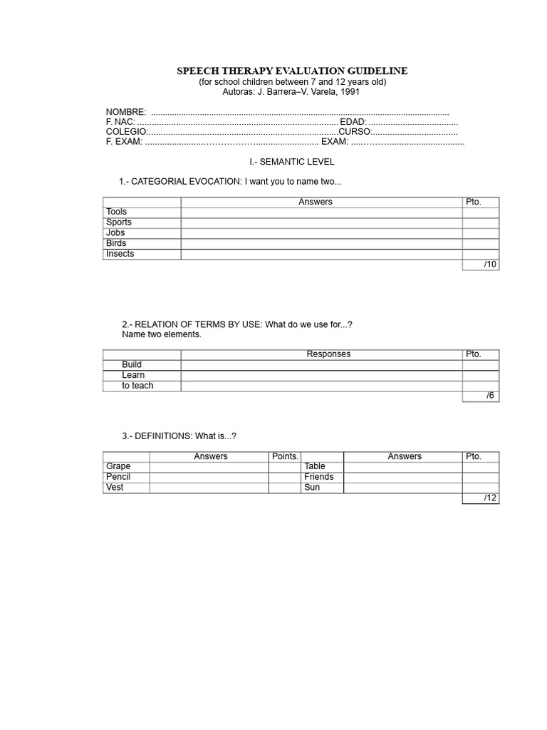 Speech Therapy Evaluation Guide for Kids | PDF | Word | Linguistics