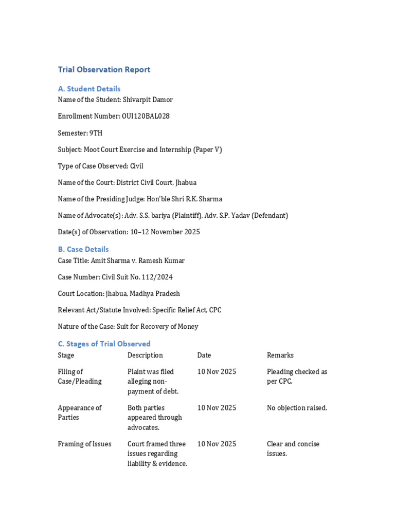 Civil Trial Observation Report Jhabua | PDF | Advocate | Lawsuit