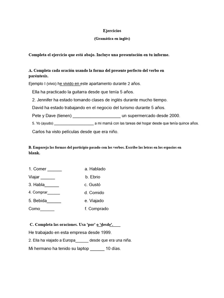 Ejercicios de Presente Perfecto (Gramática Inglesa) | PDF