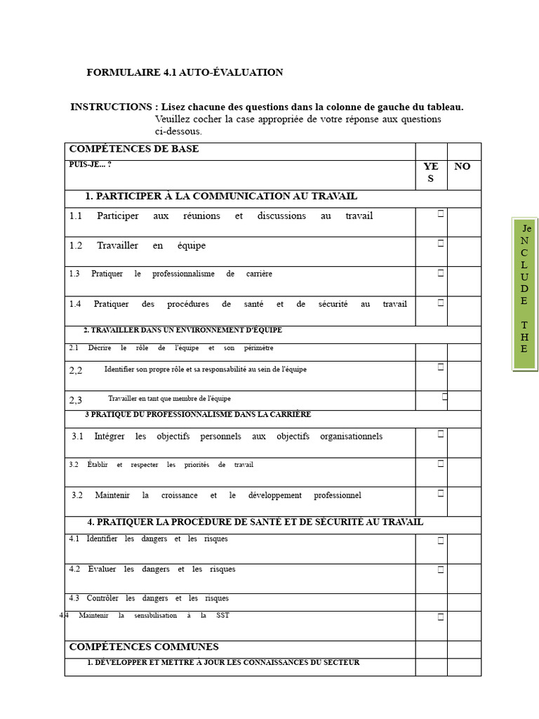Formulaire d'Auto-Évaluation des Compétences | PDF | Sécurité ...