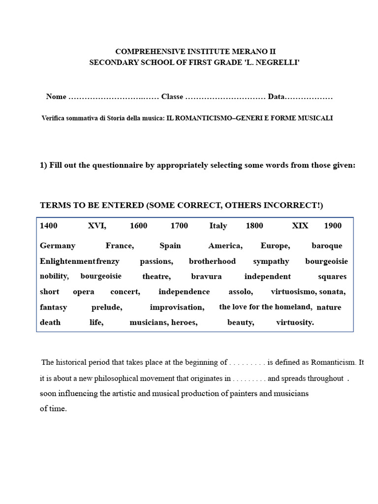 Summative Assessment On Romantic Music November 17, 2021 | PDF ...