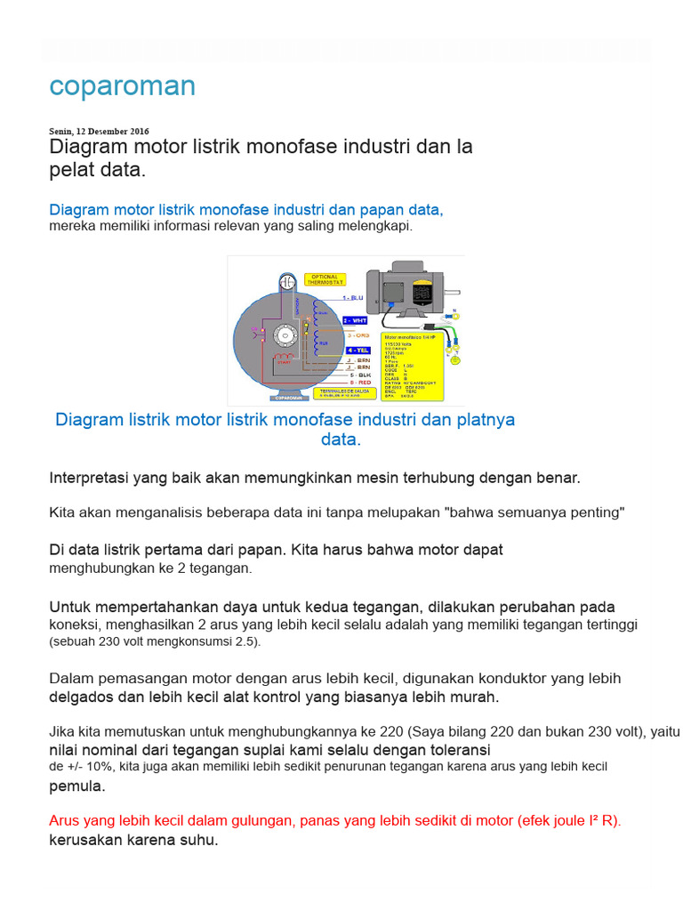 Diagram Motor Listrik Monofase dan Data | PDF
